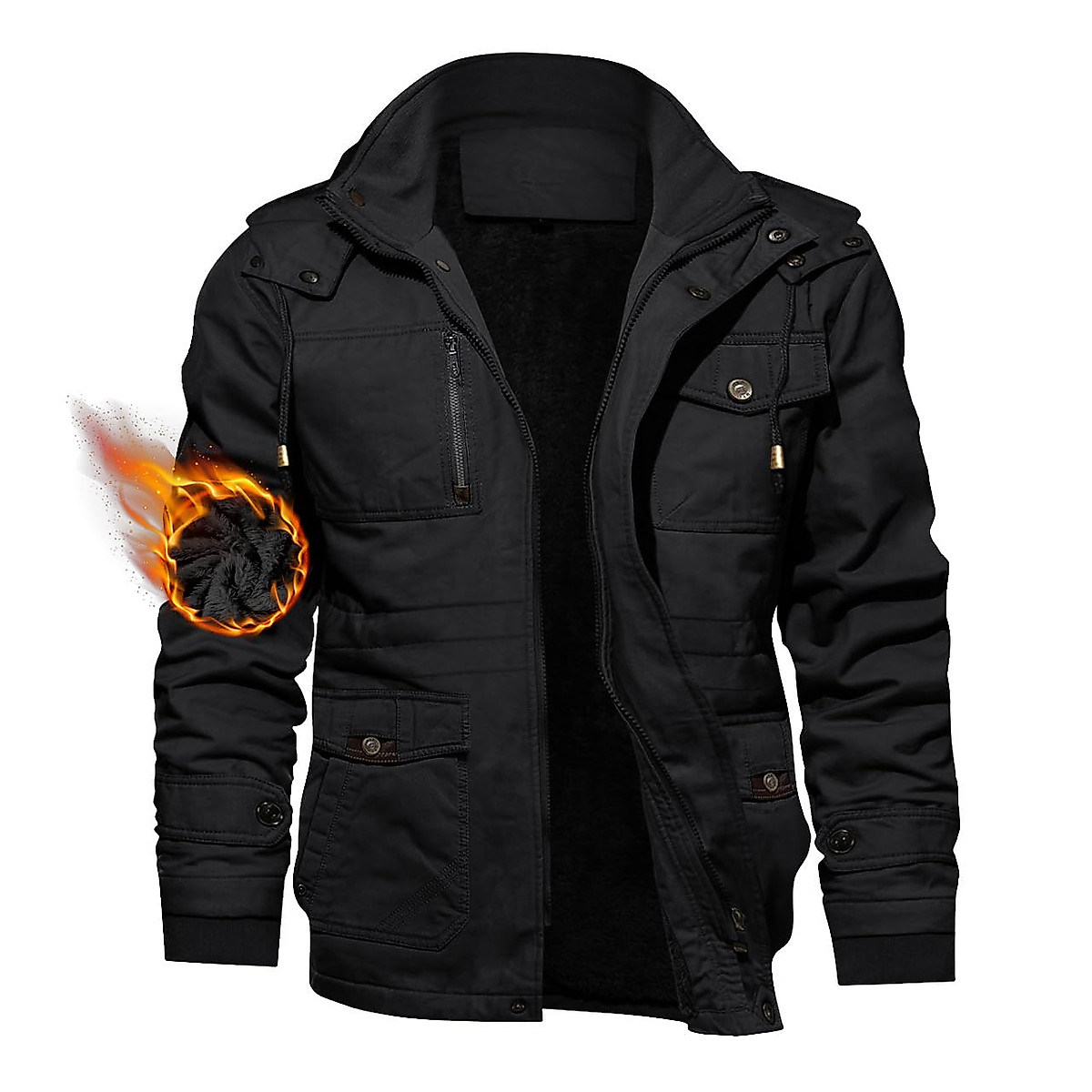 TACVASEN Men's Winter Jacket Cotton Military Jackets Fleece Lined Thick Work Coats Warm Cargo Jackets with Hooded Black XL