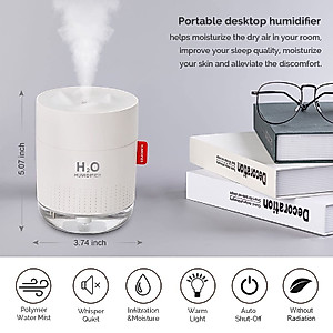 Portable Mini Humidifier, 500ml Small Cool Mist Humidifier, USB Personal Desktop Humidifier for Baby Bedroom Travel Office Home, Auto Shut-Off, 2 Mist Modes, Super Quiet, White