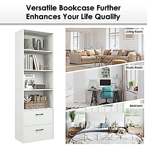 Tangkula 4 Shelf Bookcase with 2 Drawers, 74 Inch 4 Tiers Tall Open Bookshelf with 2 Slide-Out Drawers, Anti-toppling Device, Freestanding Wood Storage Shelf for Home Office (White, 74" H)