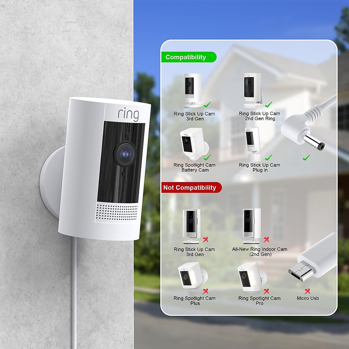 for Ring Stick Up Camera Plug in Cord Power Adapter for Ring Up Cam Battery 3rd / 2nd Gen, Spotlight Cam Battery, 26FT Waterproof Outdoor Charger Cable with 35pcs Fixed Clips, Continuously Charge