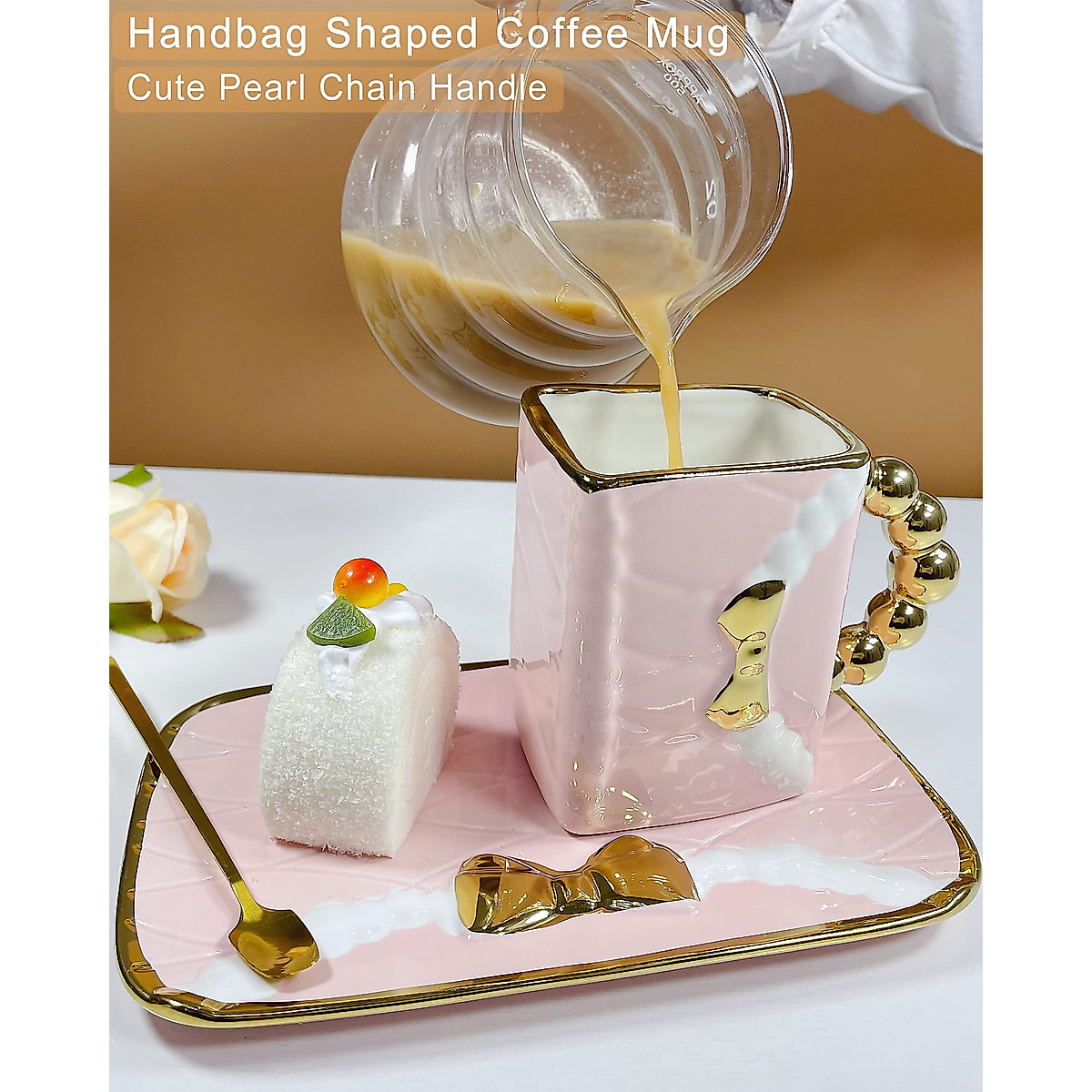 SISETOP Handbag Shaped Mug and Saucer, 10.5 OZ Purse Coffee Mug Set, Handmade Cute Mugs with Spoon & Pearl Beaded Handle, Porcelain Coffee Cups for Women, Girls, Birthday, Christmas, Gift, Pink