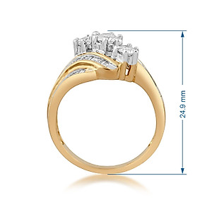 Jewelili 14K Yellow Gold Over Sterling Silver 4.5 MM and 3 MM Round Created White Sapphire and Natural White Round Diamond Accent Ring, Size 7