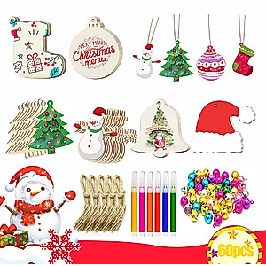 BRIGHTMOON BABY Wooden Christmas Ornaments, 60pieces Unfinished Wooden Ornaments for Crafts, DIY Christmas Crafts for Kids, Holiday Hanging Decorations with Bells, Rope and Colorful Makers