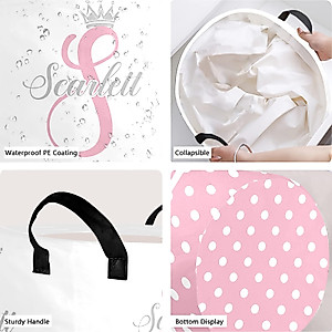 Personalized Laundry Basket Hamper,Princess Pink Dots,Collapsible Storage Baskets with Handles for Kids Room,Clothes, Nursery Decor