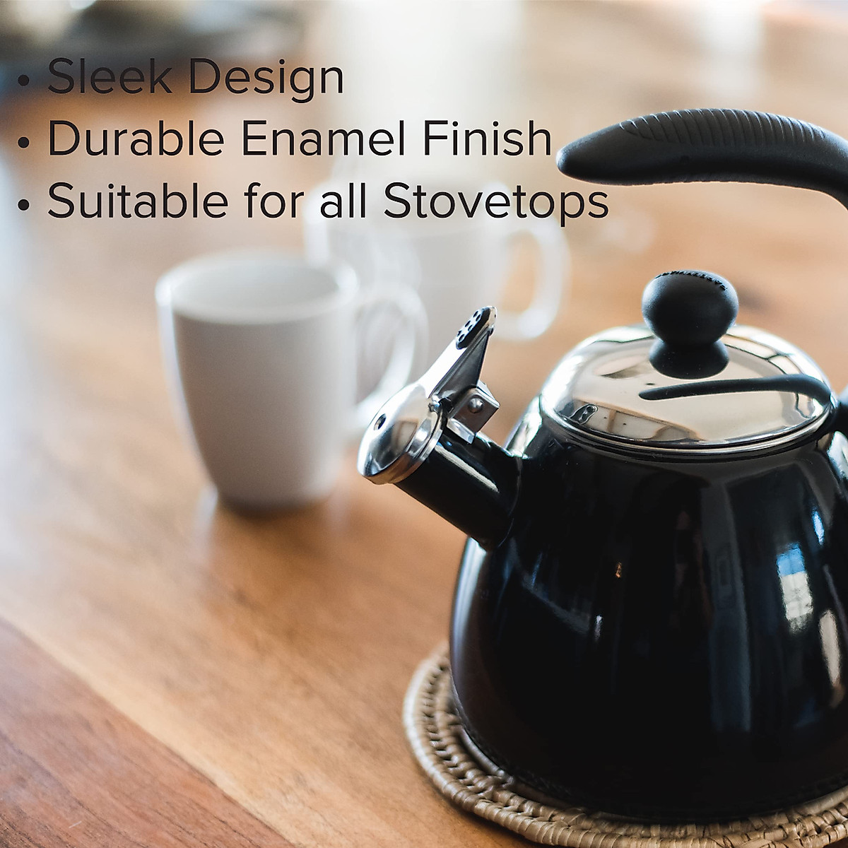 Farberware Bella Water Kettle, Whistling Tea Pot, Works For All Stovetops, Porcelain Enamel on Carbon Steel, BPA-Free, Rust-Proof, Stay Cool Handle, 2.5qt (10 Cups) Capacity (Black)