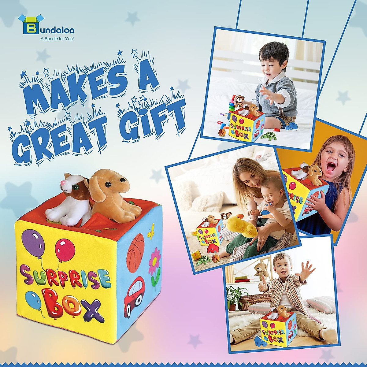 Bundaloo Surprise Box with 8 Plush Toys - Soft Sensory Playset of Stuffed Animals with Sounds for Babies & Toddlers
