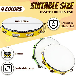 4 Pcs Tambourines for Adults 10 Inch Hand Held Drum Bell Birch Metal Jingles Single Row Wooden Tambourine Rhythm Educational Musical Instrument Percussion for Church KTV Party Gifts