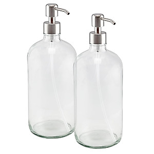 Cornucopia 32oz Glass Pump Bottles with Stainless Steel Pump (2-Pack, Clear); Economy Size Soap Dispenser for Massage Oils, Lotions, Liquid Soaps