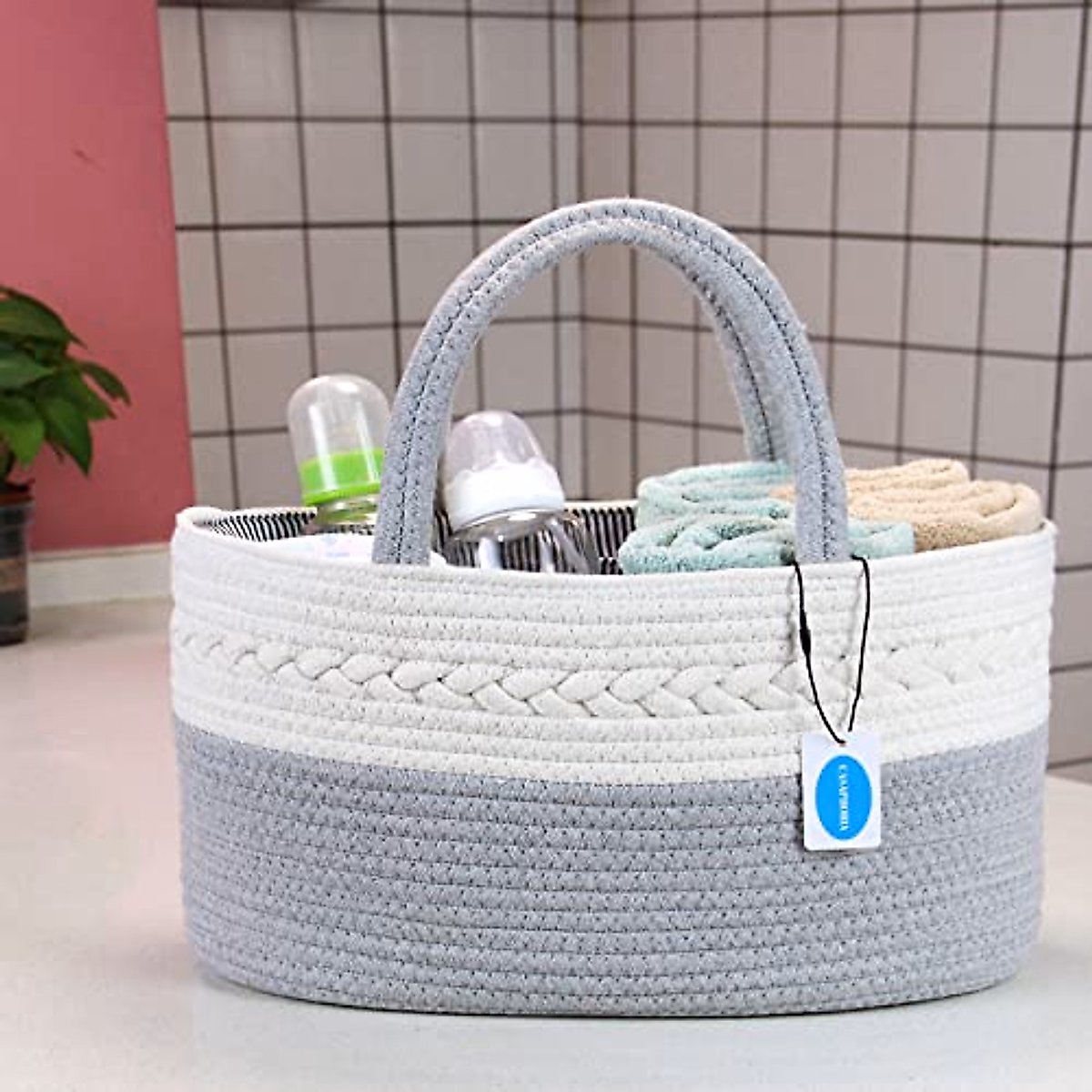Casaphoria Diaper Caddy Organize,Cotton Rope Diaper Basket Caddy Baskets for Storage,100% Cotton Car Diaper Organizer with Removable Inserts,Cream and Gray (14.2''×8.7''×8'')