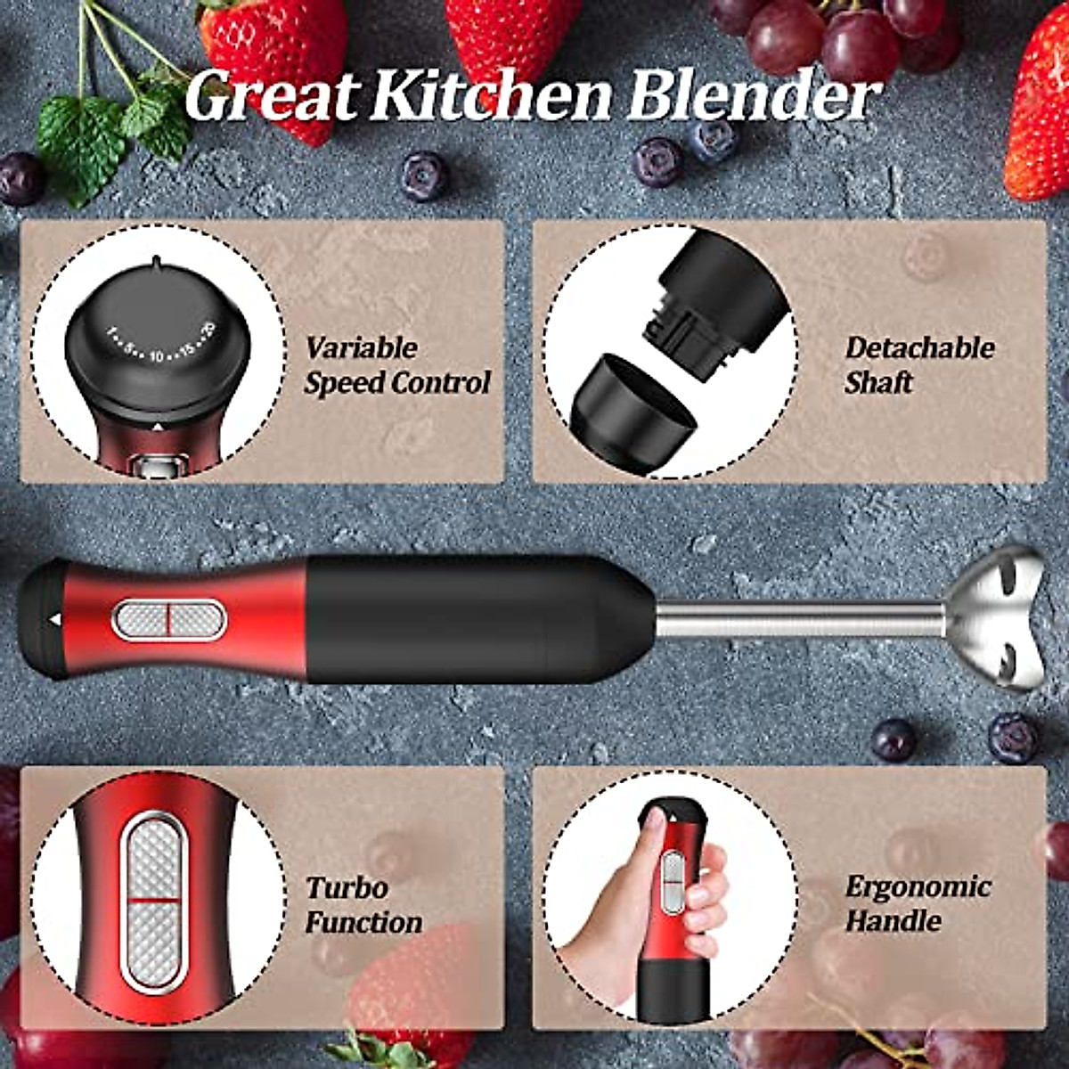 Immersion Hand Blender 5 in 1,Powerful 20 Speed Handheld Stick Blender with 800ml Beaker,500ml Food Chopper,Stainless Steel Whisk and Ice Crush Blade,BPA-Free for Smoothie, Baby Food, Sauces Red,Puree, Soup