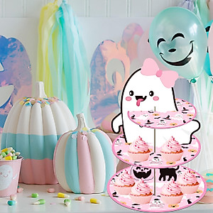 Halloween Cupcake Stand Decorations 3-Tier Pink Halloween Ghost Cake Stand Tower for Halloween Little Boo Theme Birthday Baby Shower Party Pumpkin Bat Witch Theme Party Supplies