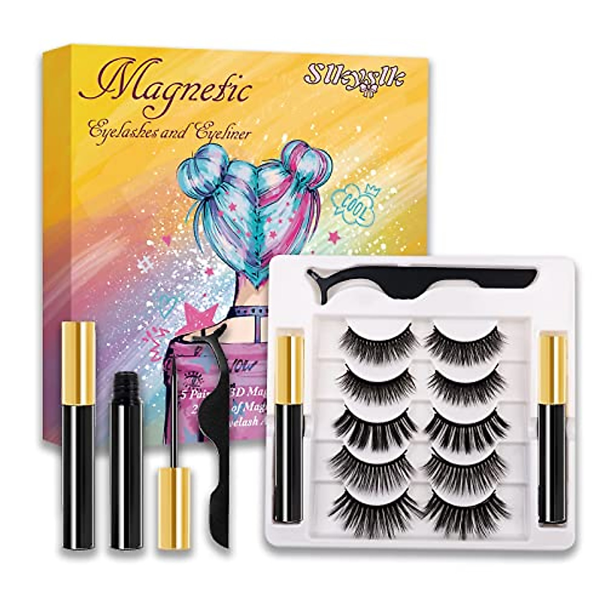 Magnetic Eyelashes with Eyeliner and Tweezers,5 Pairs Reusable Magnetic Lashes,3D&5D False Fake Eyelashes Natural Look with Applicator and Eyeliner,Waterproof Liquid Liner No Glue Needed