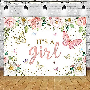 Maijoeyy 7x5ft It's a Girl Baby Shower Backdrop Pink Floral Butterfly Baby Shower Backdrop for Girl Baby Shower Decoration Girl Baby Shower Backdrops for Photography