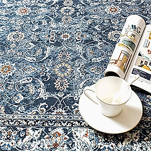 jinchan Area Rug 8x10 Persian Rug Blue Vintage Rug Traditional Mat Distressed Indoor Foldable Thin Rug Retro Accent Rug Floral Print Rug Non Slip Carpet Living Room Dining Room Office