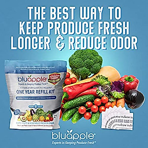 Bluapple 1-Year Carbon Refill Kit - Keep Fruits & Vegetables Fresh Longer & Help Absorb Odors, 8 Packets with Carbon, Fruit & Vegetable Storage, Ethylene Gas Absorber for Fridge, Made in USA