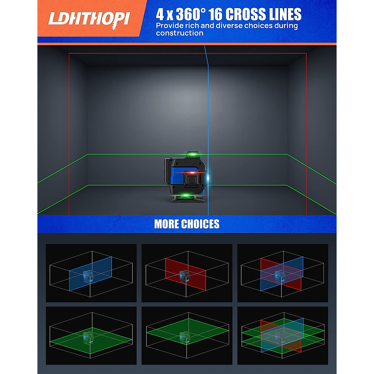 LDHTHOPI 4D 200FT Laser Level, Red/Green/Blue 3 Color laser level 360 self leveling, 16 Cross Line Laser with 2 Rechargeable Batteries for Ceiling, Floor, Construction and Picture Hanging