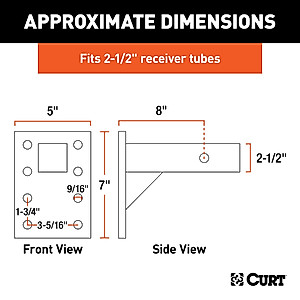 CURT 48329 Adjustable Pintle Mount for 2-1/2-Inch Hitch Receiver, 18,000 lbs, 6-1/2-Inch Drop, 8-Inch Length , Black