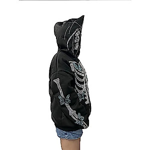 Karwuiio Women Rhinestone Full Zip Up Hoodies Spider Skeleton Print Sweatshirt Y2k Gothic Oversized Jackets (Black-B, XXXL)