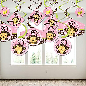 Big Dot of Happiness Pink Monkey Girl - Baby Shower or Birthday Party Hanging Decor - Party Decoration Swirls - Set of 40