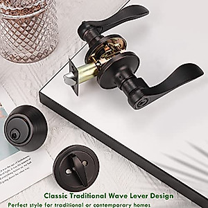 Keyed Entry Door Lock Set, Keyed Alike Single Cylinder Deadbolt with Wave Style Lever, Oil Rubbed Bronze Reversible Leverset for Bedroom, Front Door, Office 4 Pack