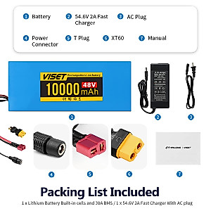 VISET Ebike Battery Pack 48V 20Ah 14Ah 10Ah Electric Bike Battery Li-ion with 2Ah Charger for 350W 450W 750W 500W 800W 1000W Electric Bicycle Motor (48V 10Ah 200W-800W)