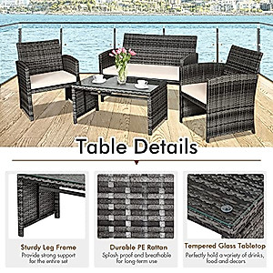 RELAX4LIFE 4-Piece Wicker Furniture Set - Hand-Woven PE Conversation Set with Cushions and Tempered Glass Coffee Table, Outdoor Rattan Sofas for Garden, Poolside, Backyard (White)