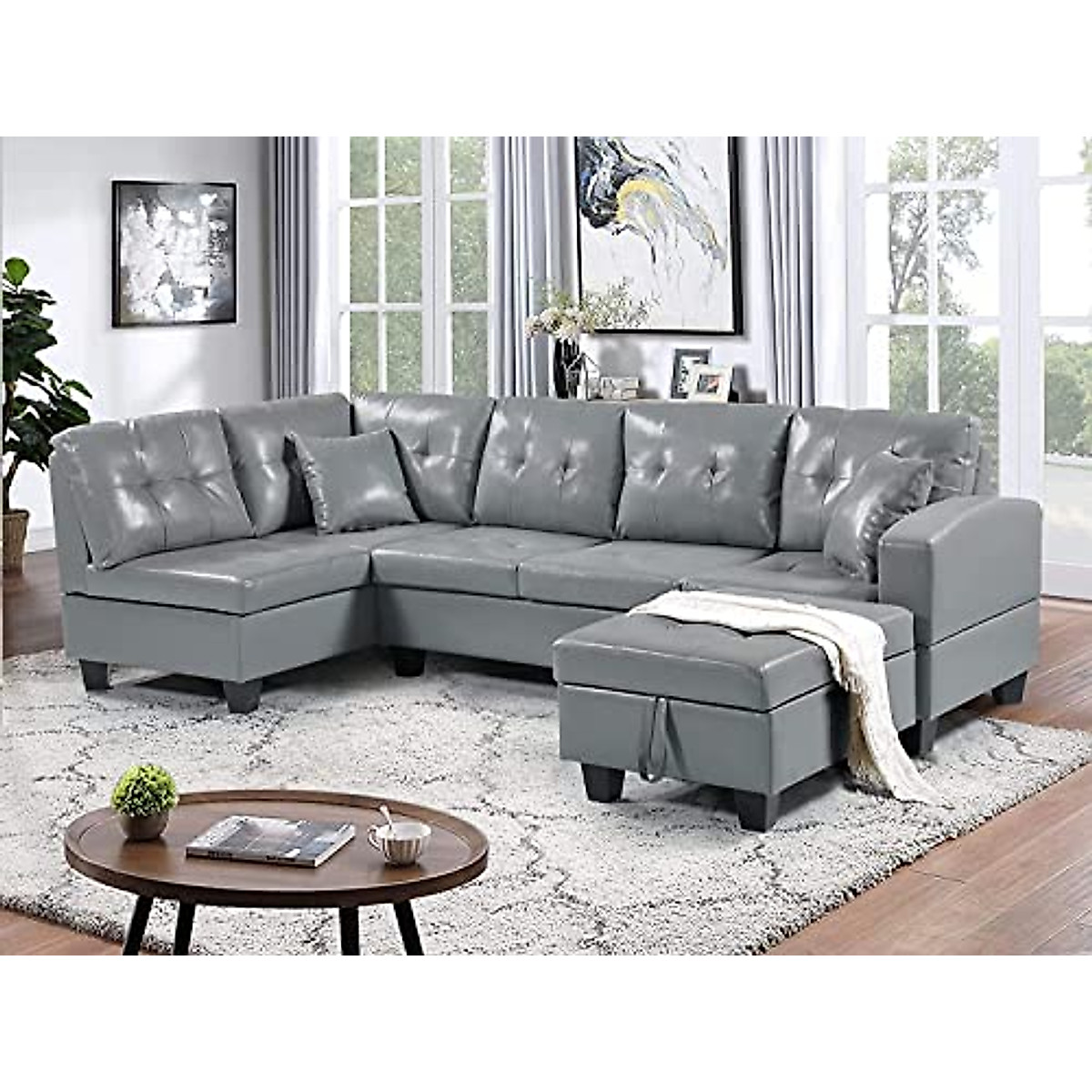 EMKK Variable Bed Sofa Living Room Folding Sectional Sofa with Reversible Chaise Lounge, Upholstered L-Shaped Couch with Two Cup Holders 2 Pillows for Office Apartment Large Space Furniture Sets