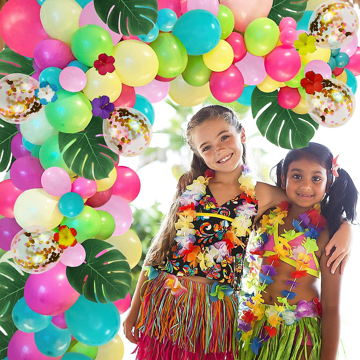 101 pcs Tropical Luau Balloons Arch Kit-Pink Green Yellow Blue Garland Kit with Palm Leaves for Tropical Hawaii Flamingo Moana Aloha Beach Themed Birthday Baby Shower Party Decoration Supplies
