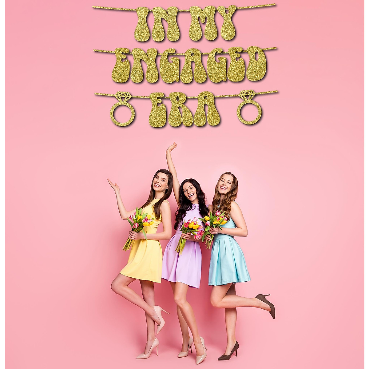 Pre-Strung In My Engaged Era Banner for Bachelorette Party Decorations,Bride To Be Backdrop, Bridal Shower Supplies,Gold Glitter（Engaged）