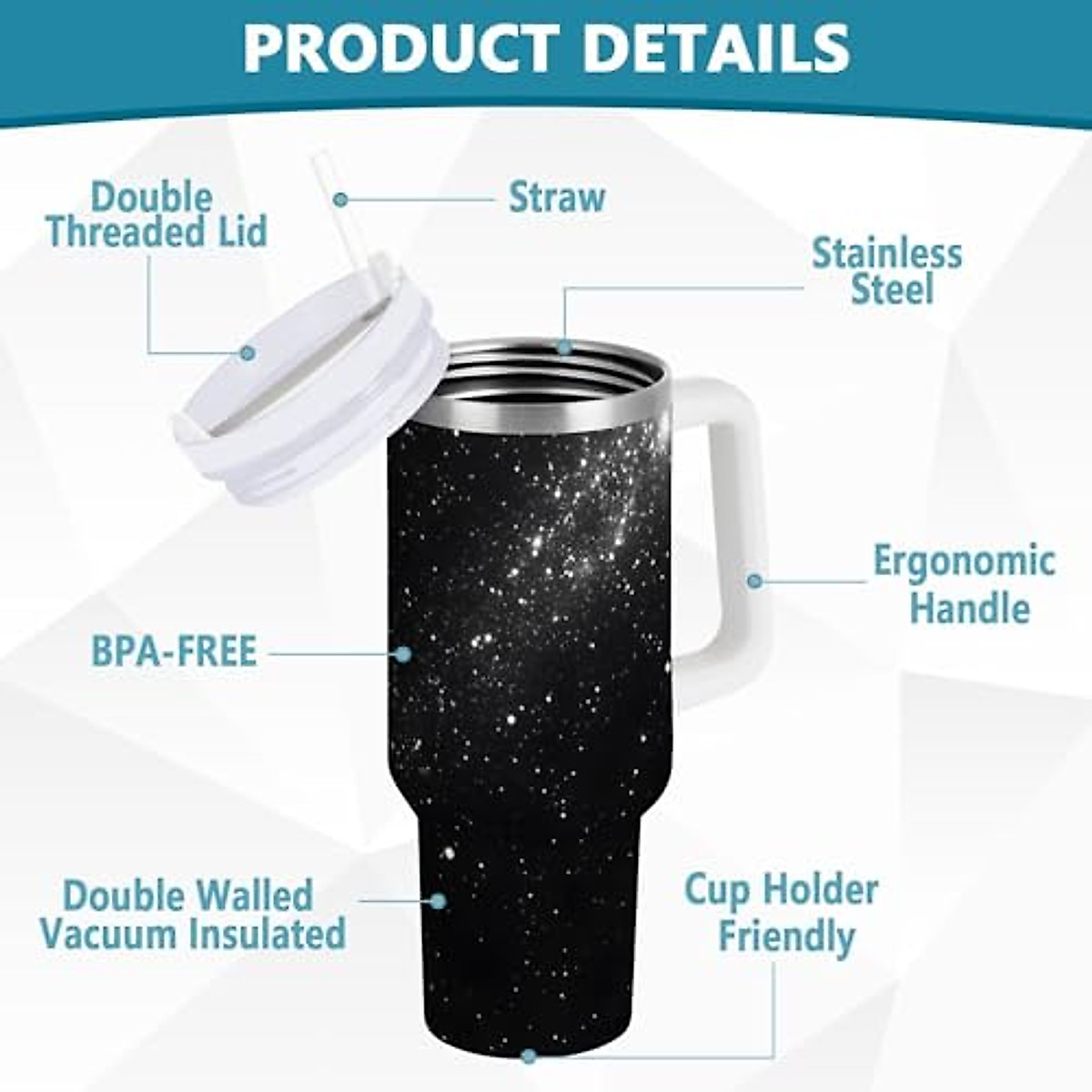 Jihqo Galaxy Black 40 oz Stainless Steel Vacuum Insulated Tumbler with Handle and Straw Lid, Leakproof Water Bottle Double Wall Travel Mug Coffee Cup, Cupholder Friendly