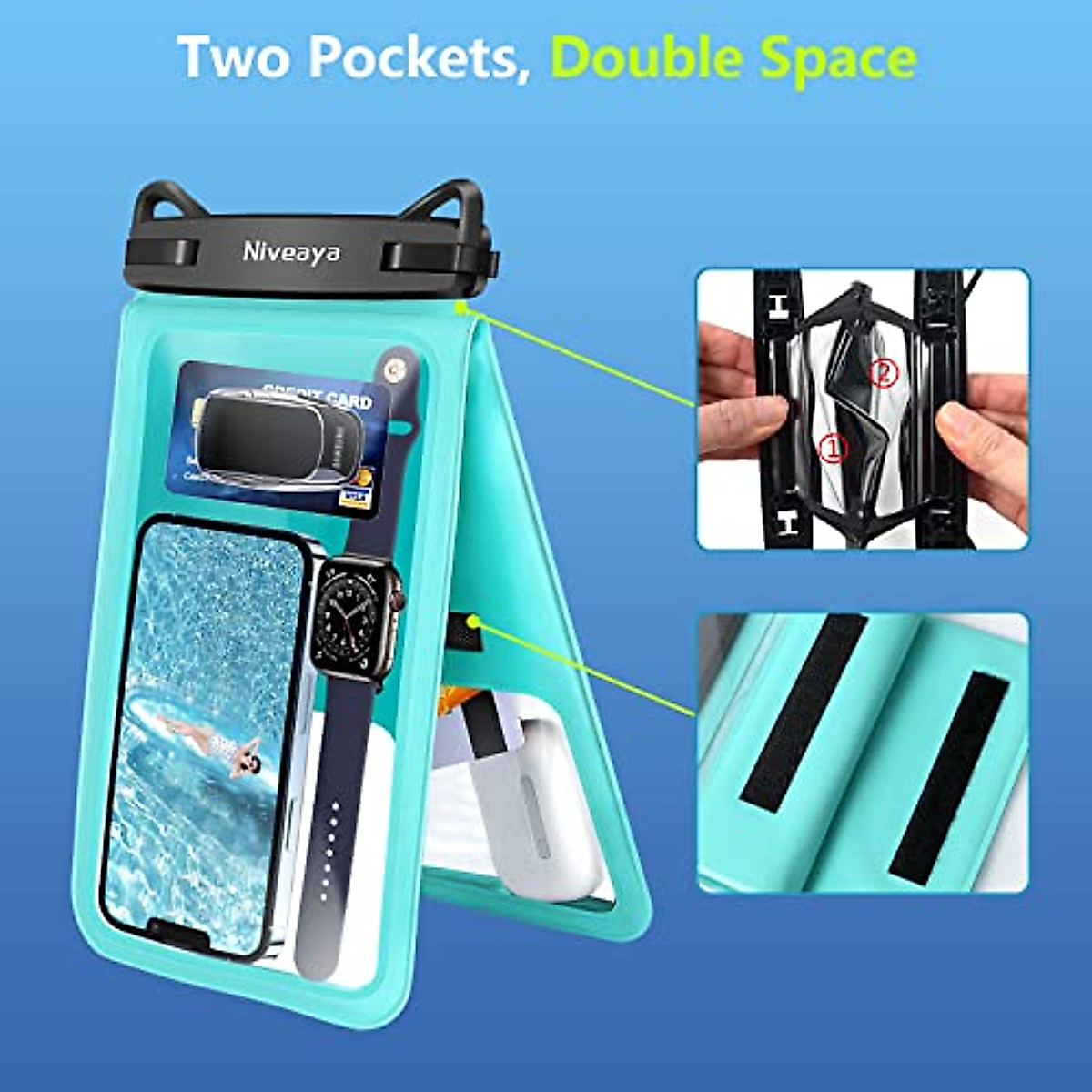 Niveaya [Up to 10.5" Large Floating Waterproof Phone Pouch - 2 Pack, Double Space Waterproof Phone Case with iPhone 15/14/13/12/ Pro Max/Pro/8 Plus, Galaxy S22/S21/S20/S10/Note 20/10/9.