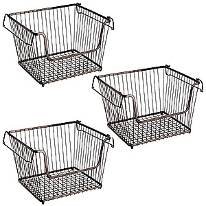 mDesign Stackable Metal Basket for Kitchen Storage - Large Wire Farmhouse Bin Basket w/Handles for Pantry - Stacking Wire Basket Organizer for Food, Drinks - Hyde Collection, 3 Pack, Bronze