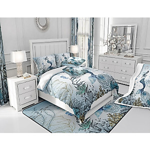 Feelyou Mermaid Bedding Set King Size Ocean Life Sea Animal Comforter Cover Set for Kids Boys Girls Children Princess Decor Bedding Duvet Cover Set Room Decor Fish Scales Bedspread Cover 3Pcs