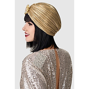 BABEYOND Women's Turban Hat with Crystal Vintage Head Wrap Knit Pleated Turban (Gold)
