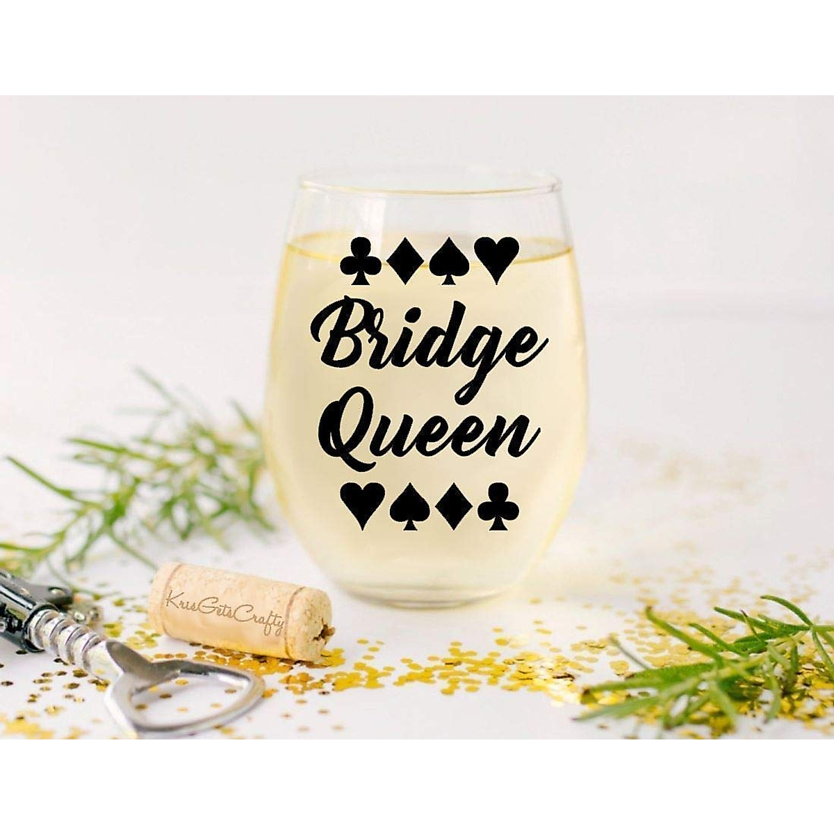 Bridge Card Game Player Prize - Bridge Queen - Gift for Grandma - Premium 21oz Stemless Wine Glass