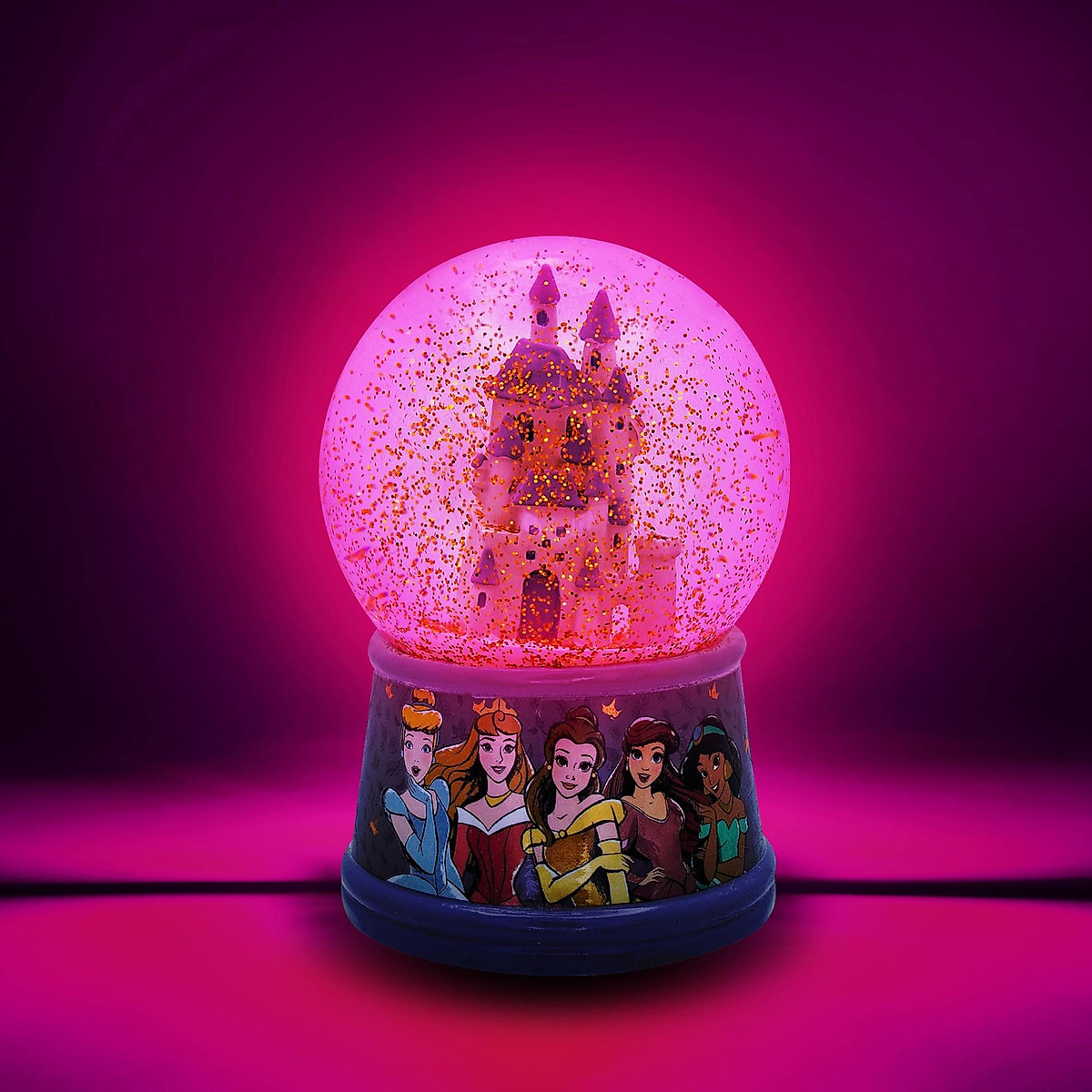 Silver Buffalo Disney Princess Castle Featuring Cinderella, Aurora, Belle, Ariel, and Jasmine Light Up Snow Globe, 100mL