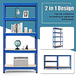 Tangkula 5-Tier Storage Shelves, Heavy Duty Steel Frame Muscle Rack 60in Garage Shelf with Adjustable Shelves, Boltless Shelving Unit for Free Combination, Metal Utility Shelves (1, Navy Blue)