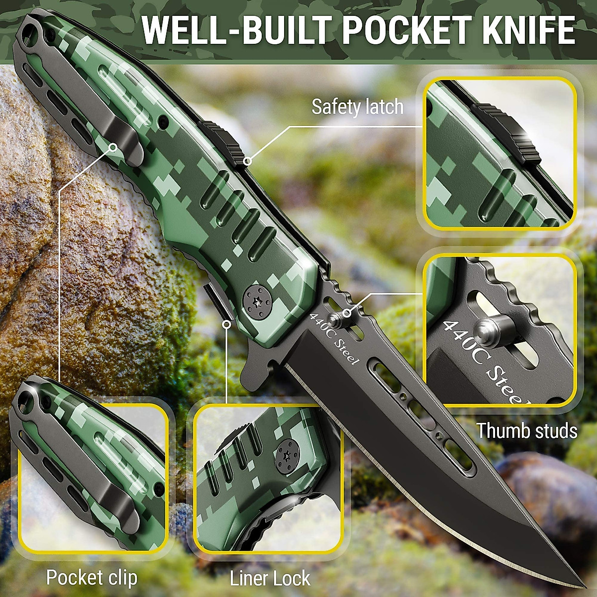 Bundle of 2 Items - Pocket Folding Knife - Military Style - Folding Knife - Tactical Knife - Best Camping Hunting Fishing Hiking Survival Knofe - Travel Accessories Gear - Cool Knife Gifts