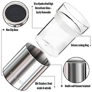 KEEPEE Whiskey Glasses Set of 2 - Vacuum Insulated Tumbler with Removable Glass Insert - Insulated Cocktail Glass - Old Fashioned Lowball Glass for Margaritas, Bourbon, Wine, 10oz (Stainless Steel)