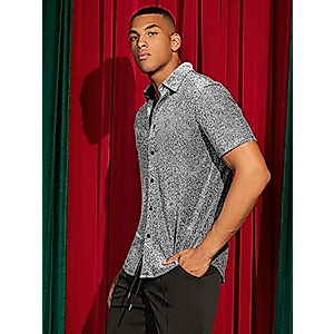 WDIRARA Men's Button Front Short Sleeve Collar Glitter Shirt Metallic Party Club Tops Pure Silver M