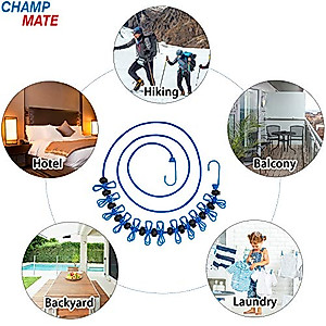 Champmate Portable Clothesline with 12 Clothespins Elastic Windproof Travel Stretchy Retractable Laundry Clothes Drying Line for Backyard Vacation Hotel Outdoor and Indoor Balcony (Black&Blue)