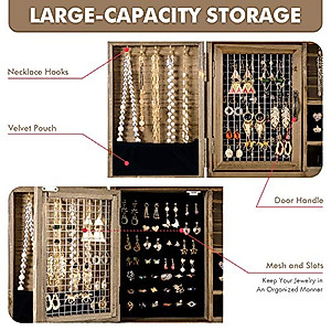 Sunix Wooden Jewelry Organizer Wall Mounted Rustic Jewelry Holder with Wooden Barn Door for Necklaces Earrings Bracelets Ring, and Removable Bracelet Rod with Hooks Organizer for Hanging Jewelry