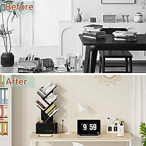 Vagusicc Tree Bookshelf - 5 Shelf Retro Floor Standing Bookcase with Charging Station, Mini Wood Book Storage Rack for CDs/Movies/Books, Utility Organizer Shelves for Living Room, Bedroom, Home Office