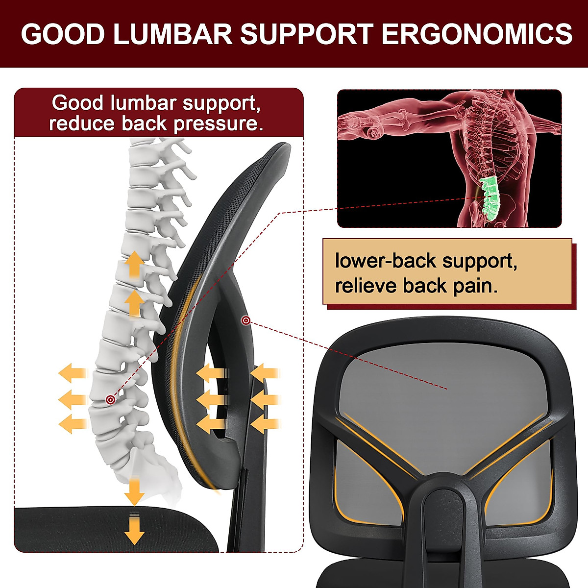 KOLLIEE Armless Mesh Office Chair Ergonomic Small Desk Chair No Arms Black Swivel Computer Chair with Wheels Task Chair for Small Spaces Mid Back Home Office Chair for Adults and Kids