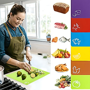 Hampton Homeware Large Bamboo Wood Cutting Board Set with 6 Color-Coded Flexible Cutting Mats with Food Icons to Prevent Cross-Contamination - Ultimate Culinary Chopping Board Set
