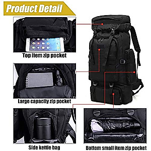 ÖSSZEFUT Military Tactical Backpack 70L/80L Large Camping Hiking Backpack Rucksack Waterproof Traveling Daypack Survival Gear Molle Equipment Black Color