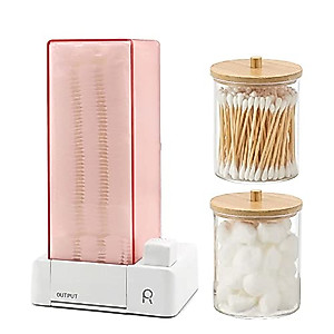 Cotton Pad Dispenser Square Automatic Cotton Pad Holder Wall Mount Cotton Pad Dispenser with 2 Clear Jar Bathroom Canister for Qtip Cotton Ball Apothecary Swab Vanity Cosmetic Storage and Organizer