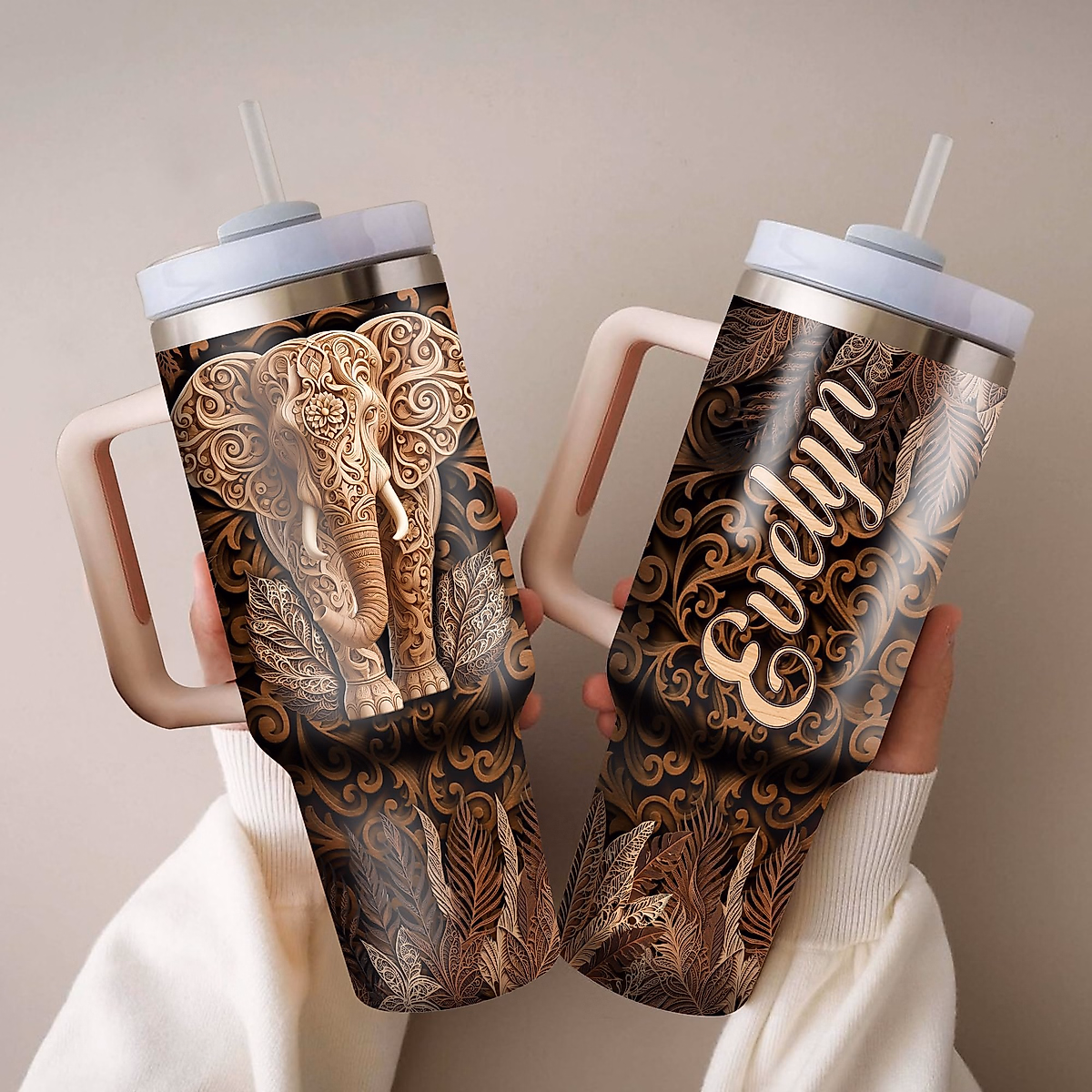 WAZONE Personalized Elephant 40oz Tumbler with Handle and Straw Custom Name Animal Wooden Drawings Stainless Steel Travel Coffee Cup With Lid Gifts for Elephants Lover Men Women Teen