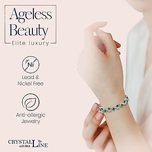 Crystalline Azuria Tennis Bracelet with Green Simulated Emerald Zirconia Crystals 18K White Gold Plated for Women