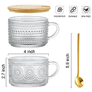 4pcs Set Vintage Coffee Mugs, Overnight Oats Containers with Bamboo Lids and Spoons - 14oz Clear Embossed Glass Cups, Cute Tea Coffee Bar Accessories, Suitable for Juice Beer Glasses, Cola Cups
